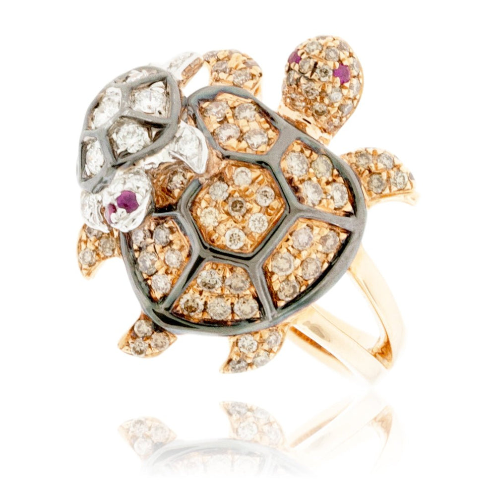 Rose and White Gold Diamond and Ruby Turtle with Baby Turtle Ring ...